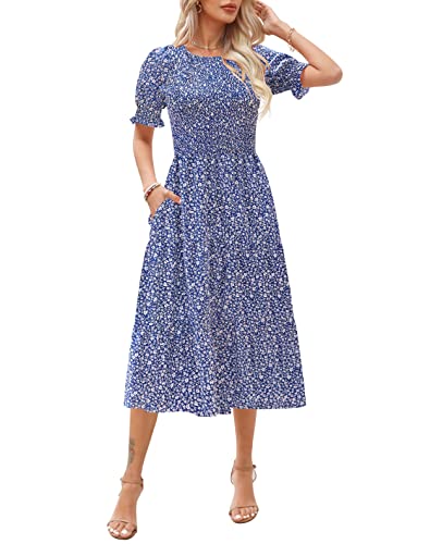 Maggeer 2023 Summer Cute Boho Tiered Puff Short Sleeve Smocked Midi Dresses for Women Blue-1 XS