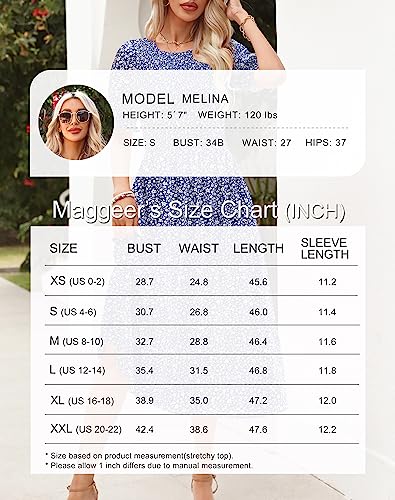 Maggeer 2023 Summer Cute Boho Tiered Puff Short Sleeve Smocked Midi Dresses for Women Blue-1 XS