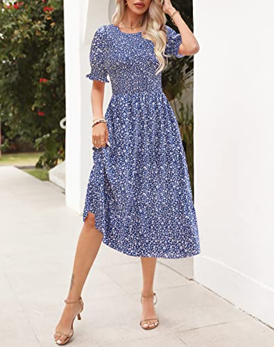 Maggeer 2023 Summer Cute Boho Tiered Puff Short Sleeve Smocked Midi Dresses for Women Blue-1 XS