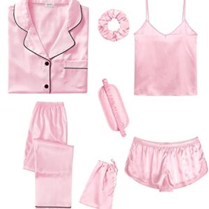 SWOMOG Womens Silk Satin Pajamas Sets 7pcs Sleepwear Sexy Cami Shorts Set and Button Down Short Sleeve Pj Loungewear Pink