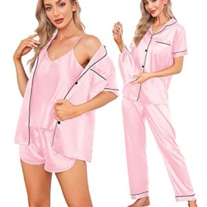 SWOMOG Womens Silk Satin Pajamas Sets 7pcs Sleepwear Sexy Cami Shorts Set and Button Down Short Sleeve Pj Loungewear Pink