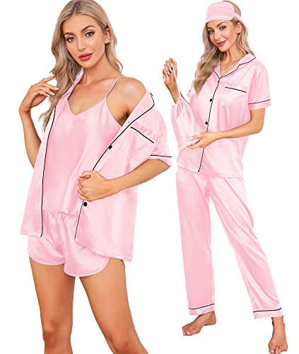 SWOMOG Womens Silk Satin Pajamas Sets 7pcs Sleepwear Sexy Cami Shorts Set and Button Down Short Sleeve Pj Loungewear Pink