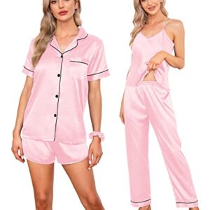 SWOMOG Womens Silk Satin Pajamas Sets 7pcs Sleepwear Sexy Cami Shorts Set and Button Down Short Sleeve Pj Loungewear Pink