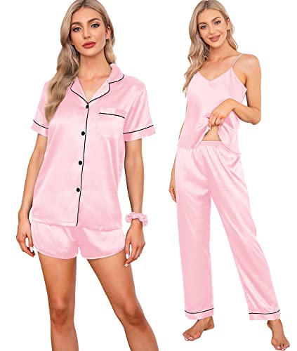 SWOMOG Womens Silk Satin Pajamas Sets 7pcs Sleepwear Sexy Cami Shorts Set and Button Down Short Sleeve Pj Loungewear Pink