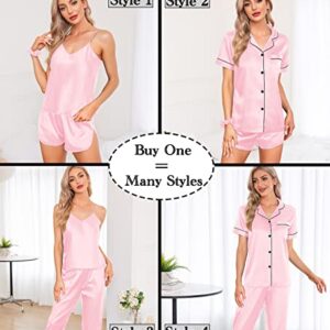 SWOMOG Womens Silk Satin Pajamas Sets 7pcs Sleepwear Sexy Cami Shorts Set and Button Down Short Sleeve Pj Loungewear Pink