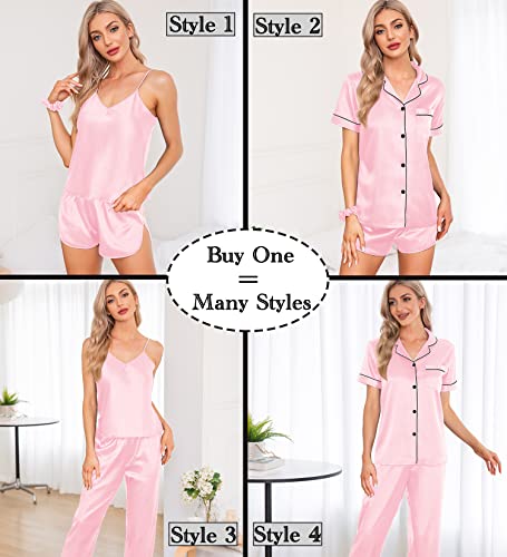 SWOMOG Womens Silk Satin Pajamas Sets 7pcs Sleepwear Sexy Cami Shorts Set and Button Down Short Sleeve Pj Loungewear Pink