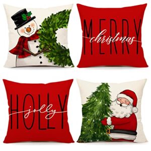 red christmas pillow covers 18x18 set of 4 farmhouse christmas decorations snowman wreath santa claus tree merry christmas holly jolly winter holiday decor throw cushion case for home couch s22c17