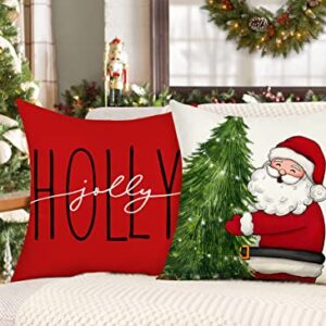 Red Christmas Pillow Covers 18x18 Set of 4 Farmhouse Christmas Decorations Snowman Wreath Santa Claus Tree Merry Christmas Holly Jolly Winter Holiday Decor Throw Cushion Case for Home Couch S22C17