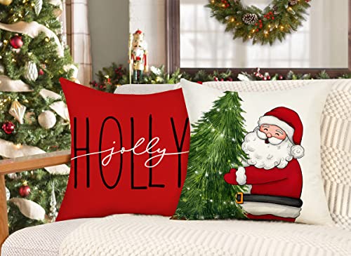 Red Christmas Pillow Covers 18x18 Set of 4 Farmhouse Christmas Decorations Snowman Wreath Santa Claus Tree Merry Christmas Holly Jolly Winter Holiday Decor Throw Cushion Case for Home Couch S22C17