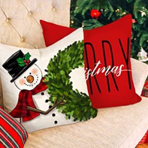 Red Christmas Pillow Covers 18x18 Set of 4 Farmhouse Christmas Decorations Snowman Wreath Santa Claus Tree Merry Christmas Holly Jolly Winter Holiday Decor Throw Cushion Case for Home Couch S22C17