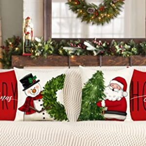 Red Christmas Pillow Covers 18x18 Set of 4 Farmhouse Christmas Decorations Snowman Wreath Santa Claus Tree Merry Christmas Holly Jolly Winter Holiday Decor Throw Cushion Case for Home Couch S22C17