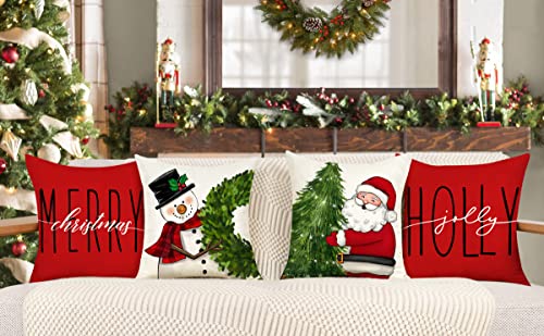 Red Christmas Pillow Covers 18x18 Set of 4 Farmhouse Christmas Decorations Snowman Wreath Santa Claus Tree Merry Christmas Holly Jolly Winter Holiday Decor Throw Cushion Case for Home Couch S22C17