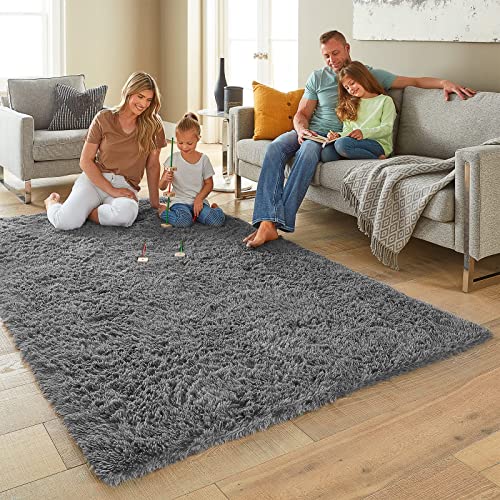 Ophanie Living Room Rugs 5x8 Grey, Fluffy Shag Fuzzy Plush Soft Throw Area Rug, Gray Large Shaggy Floor Big Carpets for Bedroom, Kids Home Decor Aesthetic, Nursery