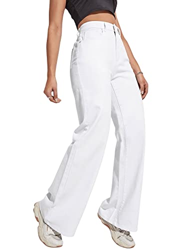 SweatyRocks Women's High Waisted Straight Wide Leg Jeans Boyfriend Denim Pants with Pockets White L