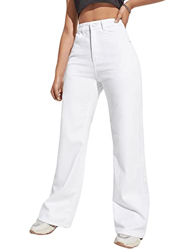 SweatyRocks Women's High Waisted Straight Wide Leg Jeans Boyfriend Denim Pants with Pockets White L