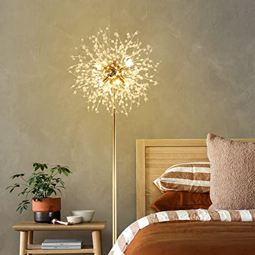 69 inch Crystal Floor Lamp, Modern Standing Lamp with K9 Crystal, LED Floor Lamp with On/Off Foot Switch, Metal Tall Pole Lamp for Living Room, Girls Room, Bedroom, Dresser, Office, Gold Finish