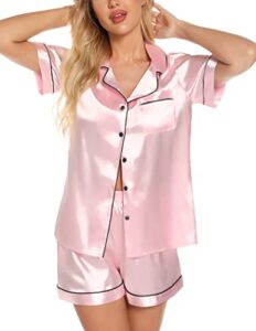 pjmlifecoco silk satin pajamas women short sleeve sleepwear button down loungewear soft summer pjs shorts set pink