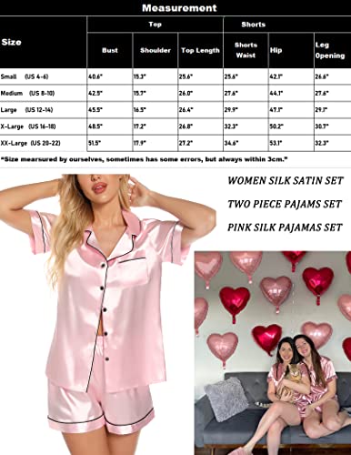 Pjmlifecoco Silk Satin Pajamas Women Short Sleeve Sleepwear Button Down Loungewear Soft Summer Pjs Shorts Set Pink