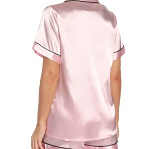 Pjmlifecoco Silk Satin Pajamas Women Short Sleeve Sleepwear Button Down Loungewear Soft Summer Pjs Shorts Set Pink