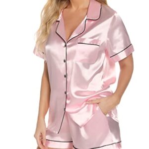 Pjmlifecoco Silk Satin Pajamas Women Short Sleeve Sleepwear Button Down Loungewear Soft Summer Pjs Shorts Set Pink