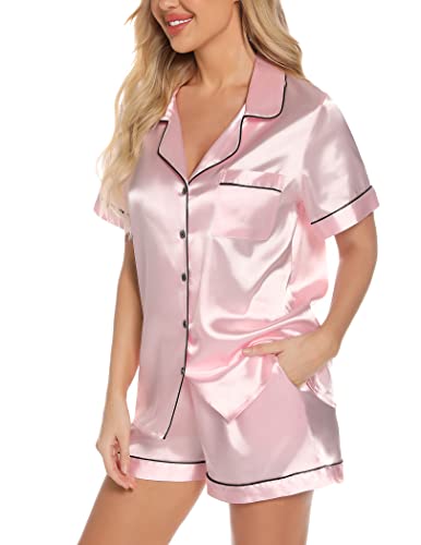 Pjmlifecoco Silk Satin Pajamas Women Short Sleeve Sleepwear Button Down Loungewear Soft Summer Pjs Shorts Set Pink