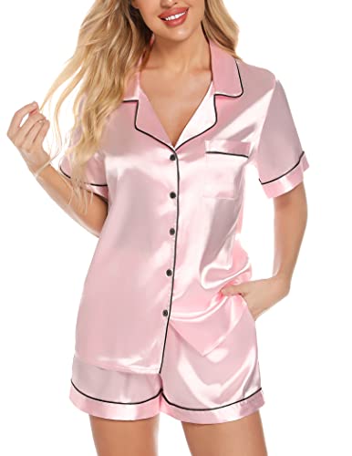 Pjmlifecoco Silk Satin Pajamas Women Short Sleeve Sleepwear Button Down Loungewear Soft Summer Pjs Shorts Set Pink