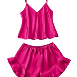 SOLY HUX Women's Sexy Silk Satin Ruffled Pajamas Sets Cami Shorts Sets Sleepwear HotPink S