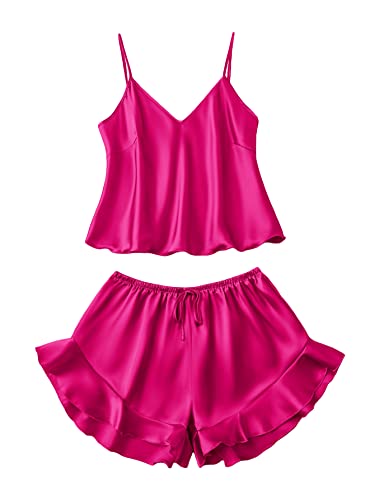 SOLY HUX Women's Sexy Silk Satin Ruffled Pajamas Sets Cami Shorts Sets Sleepwear HotPink S