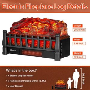 Electric Fireplace Log Insert Heater with IR Remote Control, up to 1500W Heating, 5 Flame Brightness Levels, 24-Hour Timer, Overheat Protection, Suitable for Home and Office Decoration, Black