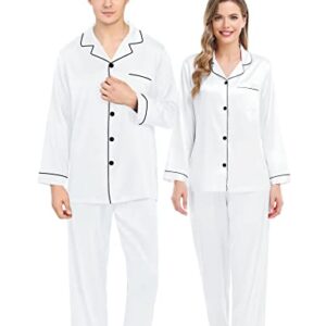 SWOMOG Women Silk Satin Pajamas Set Long Sleeve Ladies Satin PJ Sets Button Down Pajama Sleepwear Loungewear White