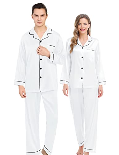 SWOMOG Women Silk Satin Pajamas Set Long Sleeve Ladies Satin PJ Sets Button Down Pajama Sleepwear Loungewear White