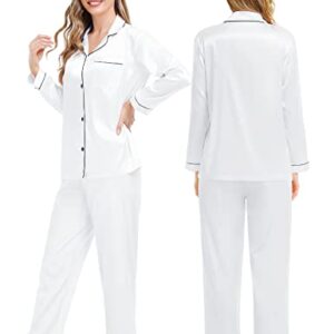 SWOMOG Women Silk Satin Pajamas Set Long Sleeve Ladies Satin PJ Sets Button Down Pajama Sleepwear Loungewear White