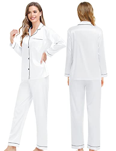 SWOMOG Women Silk Satin Pajamas Set Long Sleeve Ladies Satin PJ Sets Button Down Pajama Sleepwear Loungewear White