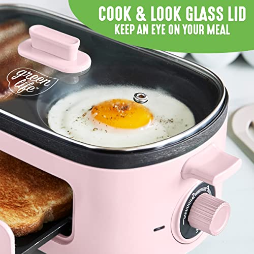 GreenLife 3-in-1 Breakfast Maker Station, Healthy Ceramic Nonstick Dual Griddles for Eggs Meat and Pancakes, 2 Slice Toast Drawer, Easy-to-use Timer, Pink