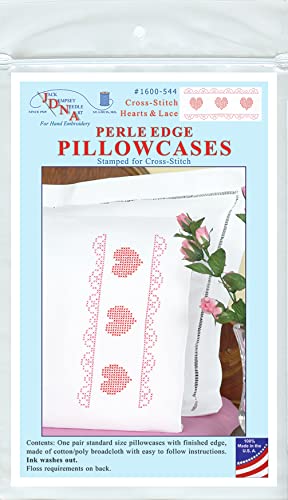 Jack Dempsey Needle Art - Cross-Stitch Hearts & Lace Perle Edge Pillowcases, white