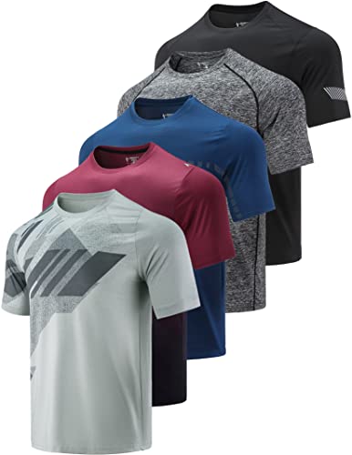 5 Pack Men’s Active Quick Dry Crew Neck T Shirts | Athletic Running Gym Workout Short Sleeve Tee Tops Bulk (Set 3, Large)