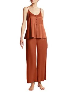 aw bridal satin pajamas set sexy silk sleeveless pjs set soft camisole tops and pants 2 pieces sleepwear for women bride, burnt orange l