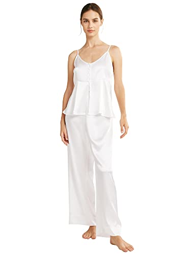 AW BRIDAL White Satin Pajamas Set for Women Silk Sexy Lingerie Camisole with Pants Set Sleepwear for Wedding Bridal Shower Party, White XL