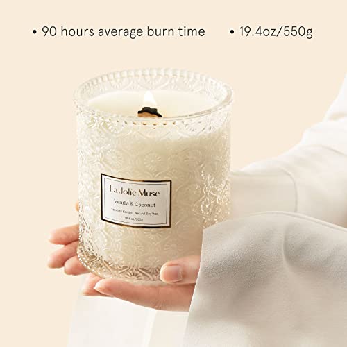 LA JOLIE MUSE Vanilla Coconut Candle, Tropical Candle Scented, Candle for Home Scented, Wood Wicked Soy Candles, 19.4oz 90 Hours