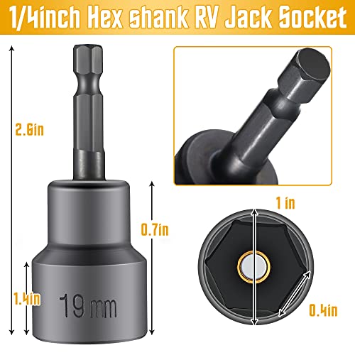 RV Leveling Scissor Jack Socket Drill Adapter, 1/4 Inch Quick Connect Hex Shank, Fits 3/4 Inch or 19 mm Hex Drive Jacks, for Car Auto Camper Stabilizers, 2 Pieces