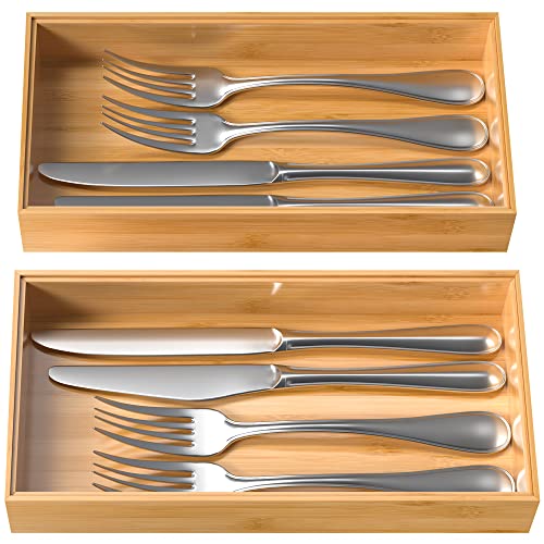 VeyFey Silverware Tray for Drawer, Stackable Kitchen Bamboo Drawer Organizer 12" x 6" x 2" Set of 2