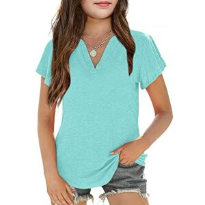 PLNOTME Girls' Summer Cute T Shirts Casual Short Sleeve V Neck Plain Tunic Tops Light Green