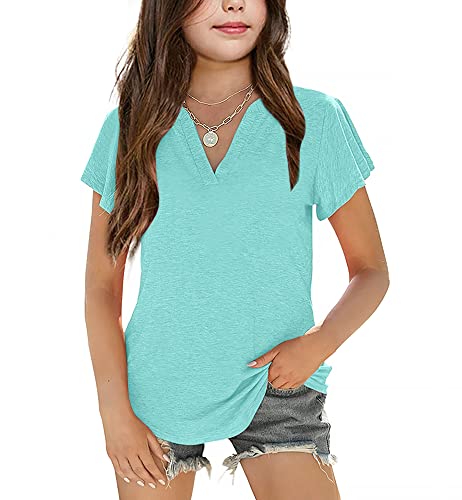 PLNOTME Girls' Summer Cute T Shirts Casual Short Sleeve V Neck Plain Tunic Tops Light Green