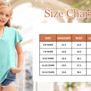 PLNOTME Girls' Summer Cute T Shirts Casual Short Sleeve V Neck Plain Tunic Tops Light Green