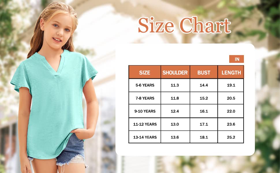 PLNOTME Girls' Summer Cute T Shirts Casual Short Sleeve V Neck Plain Tunic Tops Light Green