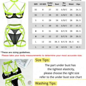 Kaei&Shi Garter Lingerie For Women,Glow In The Dark Blacklight Strappy Underwire Choker Sexy Lingerie,Adjustable Straps Sheer Thong Belt Matching 4 Piece Lingerie Set Boudoir Neon Green Medium