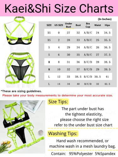 Kaei&Shi Garter Lingerie For Women,Glow In The Dark Blacklight Strappy Underwire Choker Sexy Lingerie,Adjustable Straps Sheer Thong Belt Matching 4 Piece Lingerie Set Boudoir Neon Green Medium