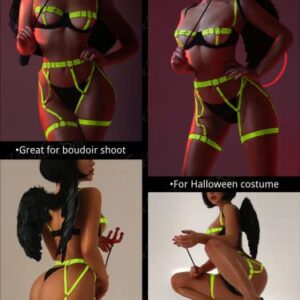 Kaei&Shi Garter Lingerie For Women,Glow In The Dark Blacklight Strappy Underwire Choker Sexy Lingerie,Adjustable Straps Sheer Thong Belt Matching 4 Piece Lingerie Set Boudoir Neon Green Medium