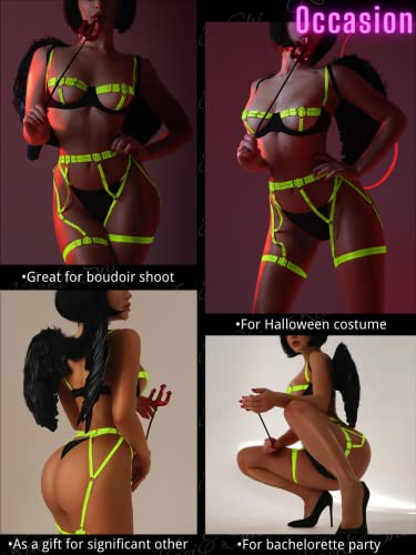 Kaei&Shi Garter Lingerie For Women,Glow In The Dark Blacklight Strappy Underwire Choker Sexy Lingerie,Adjustable Straps Sheer Thong Belt Matching 4 Piece Lingerie Set Boudoir Neon Green Medium