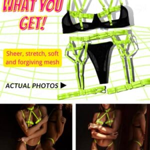 Kaei&Shi Garter Lingerie For Women,Glow In The Dark Blacklight Strappy Underwire Choker Sexy Lingerie,Adjustable Straps Sheer Thong Belt Matching 4 Piece Lingerie Set Boudoir Neon Green Medium